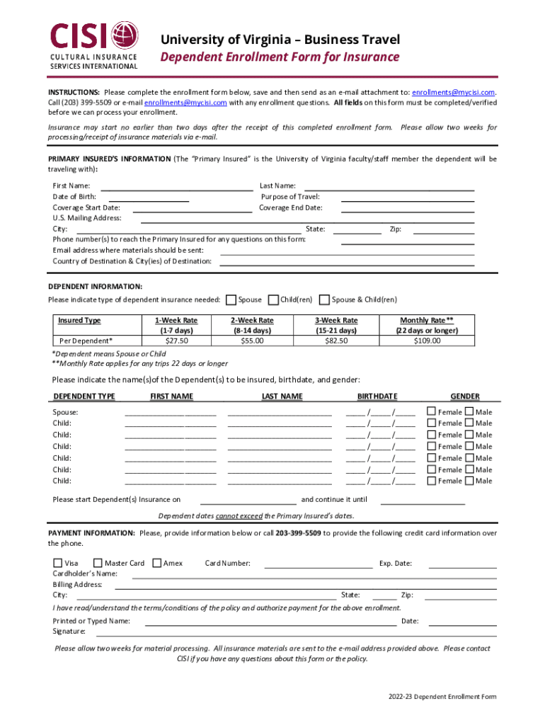Fillable Online Dependent Enrollment Form for Insurance - UVA Finance ...