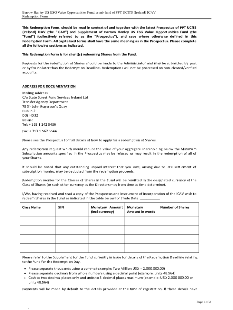 Fillable Online This Redemption Form, should be read in context of ...