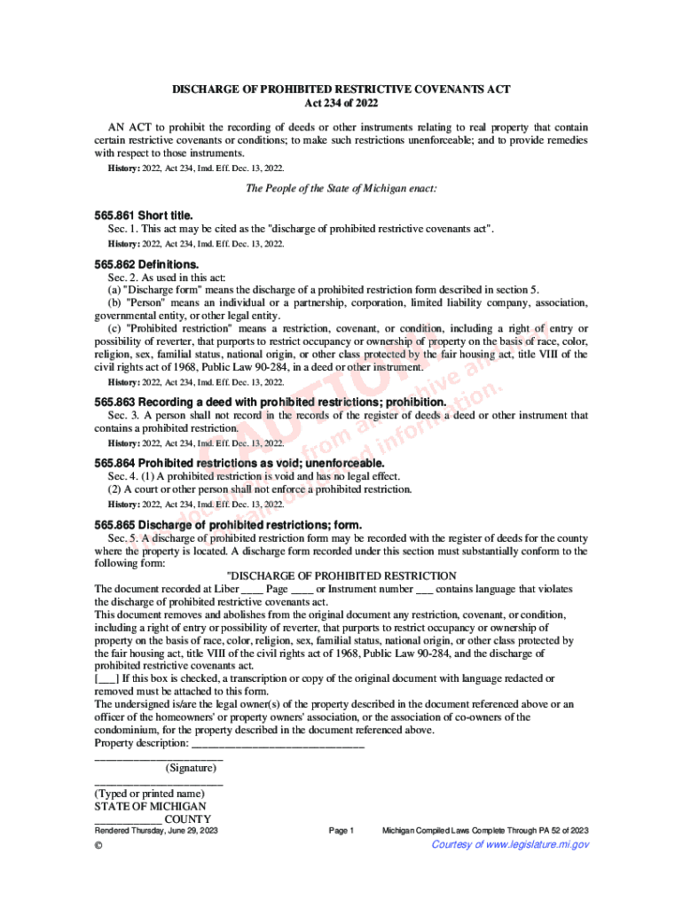 Fillable Online Discharging Prohibited Deed Restrictions & Covenants ...