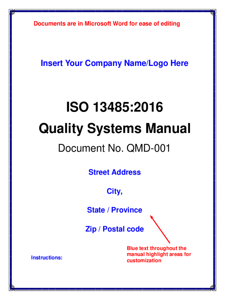 Fillable Online Quality manual, ISO 13485 and MDR, free template Fax ...