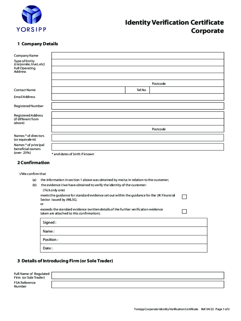 Fillable Online Identity Verification Certificate Corporate Fax Email ...