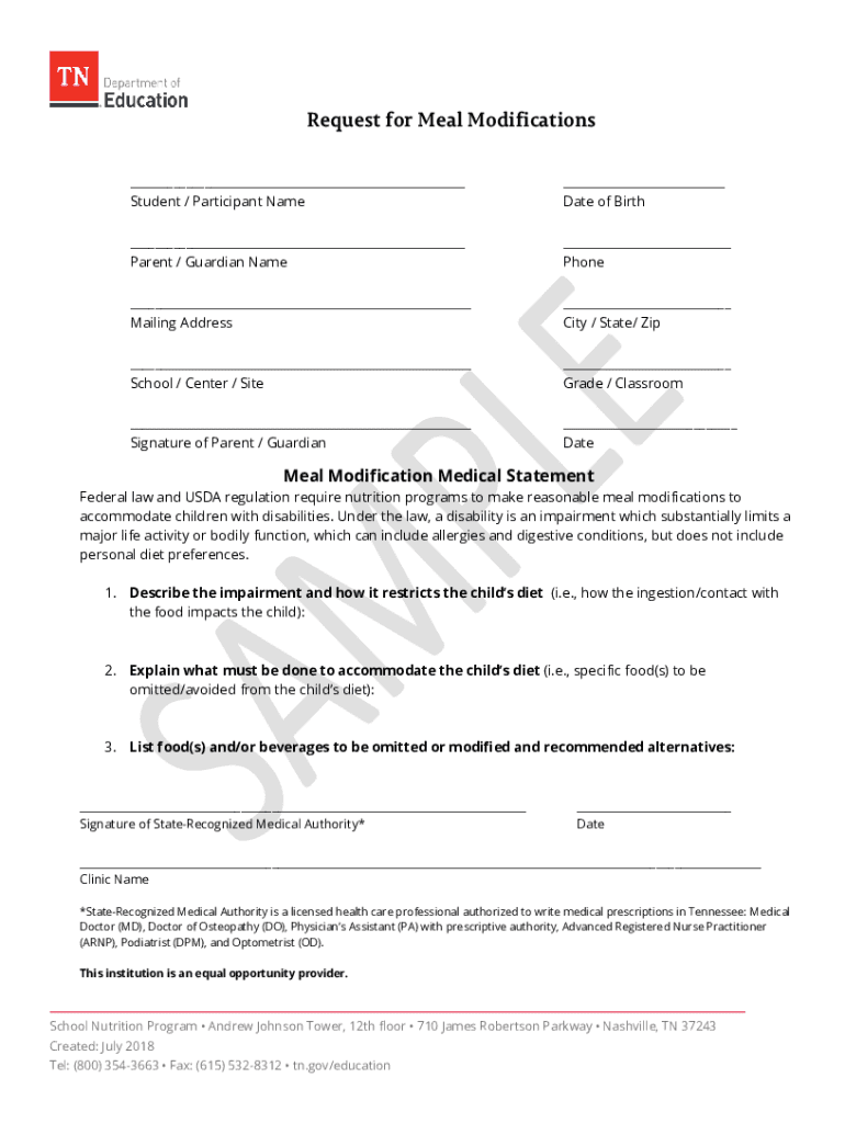 Fillable Online Request for Meal Modifications Accommodation Form Fax ...