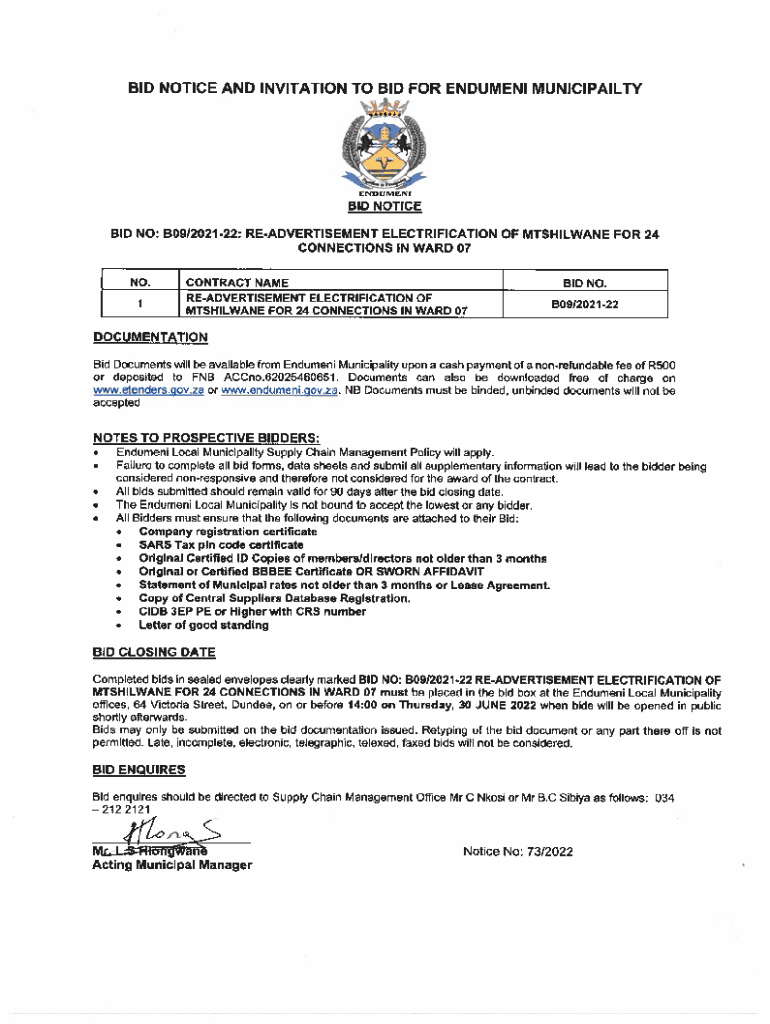 Fillable Online BID NOTICE AND INVITATION TO BID FOR ENDUMENI ... Fax ...