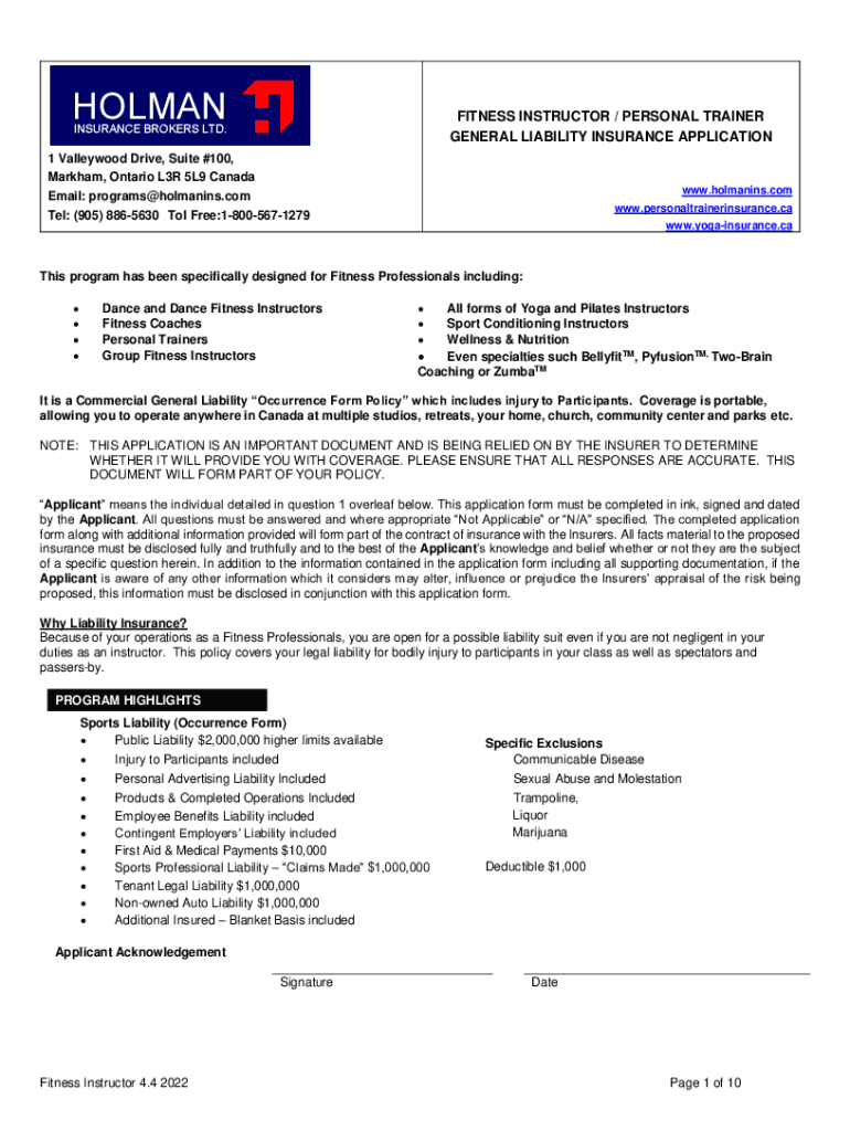Fillable Online Personal Trainer InsurancePT Public Liability Cover Fax ...