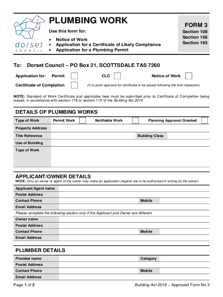 Fillable Online APPLICATION FOR PLUMBING PERMIT / CERTIFICATE ... Fax ...