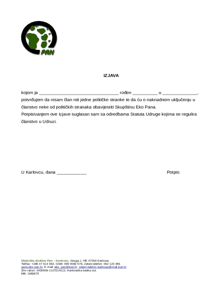 Fillable Online IZJAVA kojom ja roen u , potvrujem da nisam lan niti ...