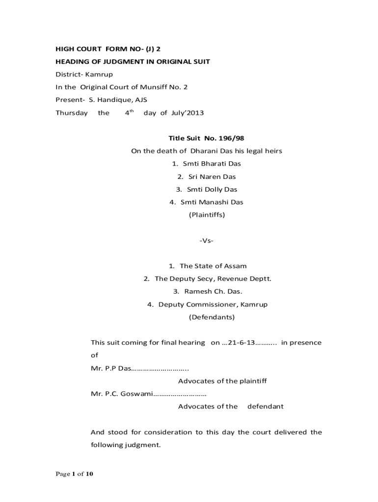 Fillable Online HIGH COURT FORM NO- (J) 2 HEADING OF JUDGMENT IN ...