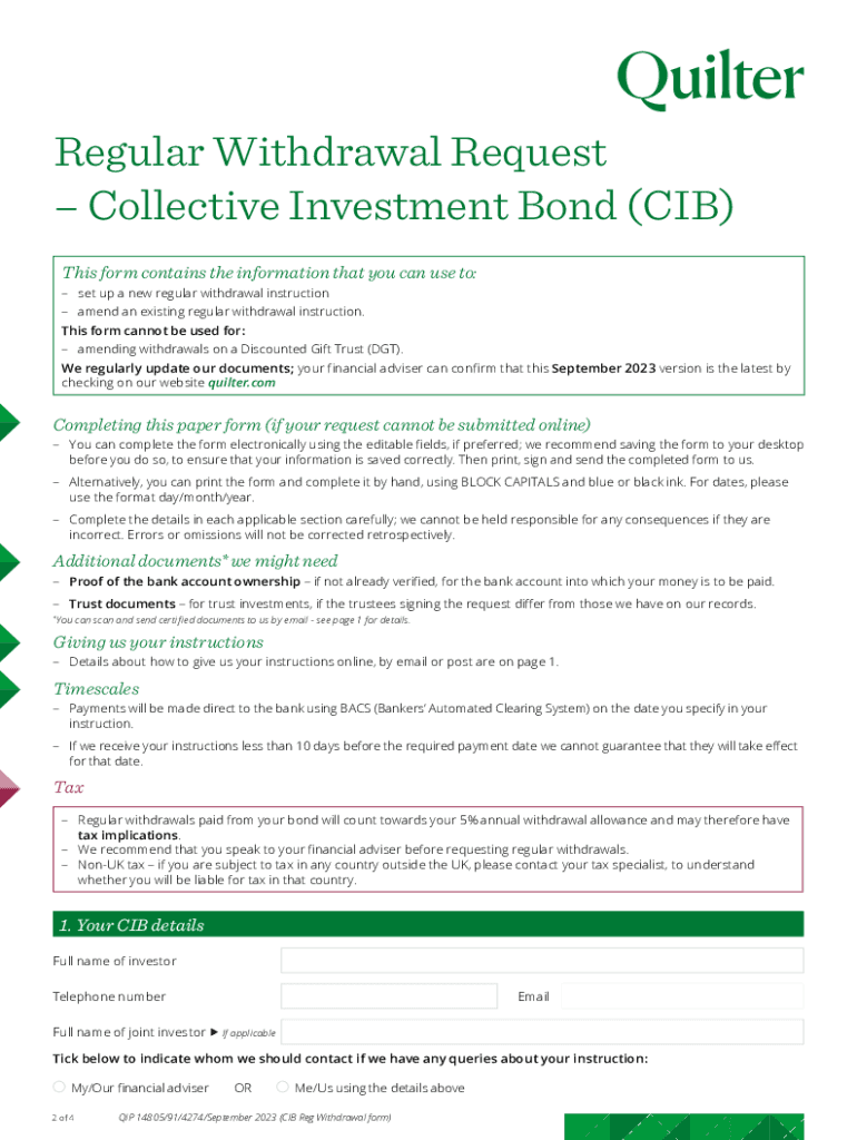 Fillable Online Regular Withdrawal Request - Collective Investment Bond ...