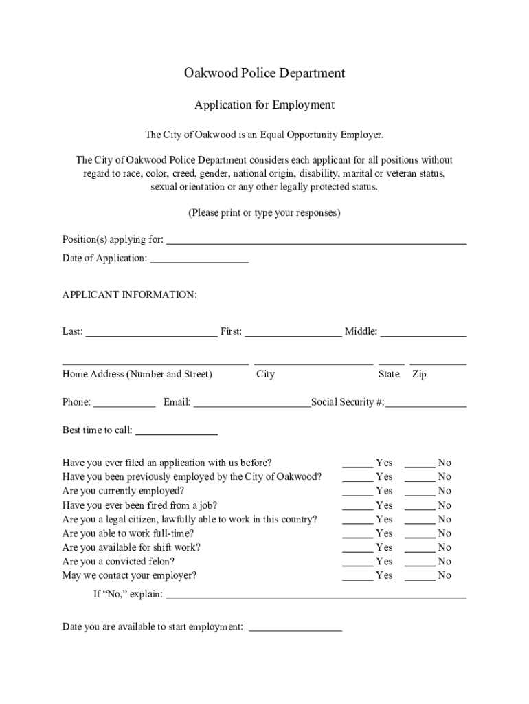 Fillable Online Oakwood Police Department - Application for Employment ...