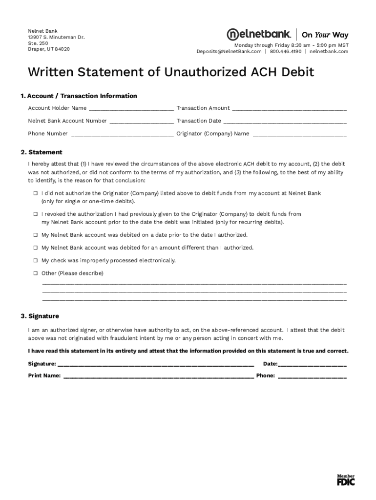 Fillable Online Nelnet Bank Unauthorized ACH Debit Form Fillable Fax ...