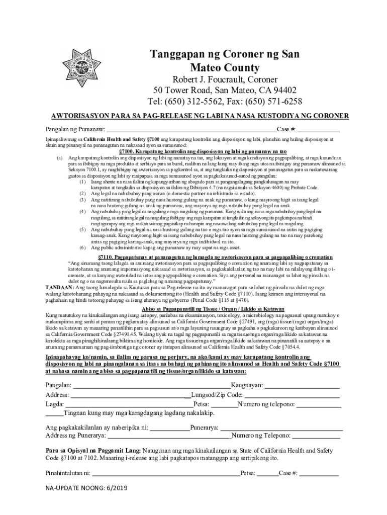 Fillable Online Release Remains Coroner - Fill Online, Printable ...