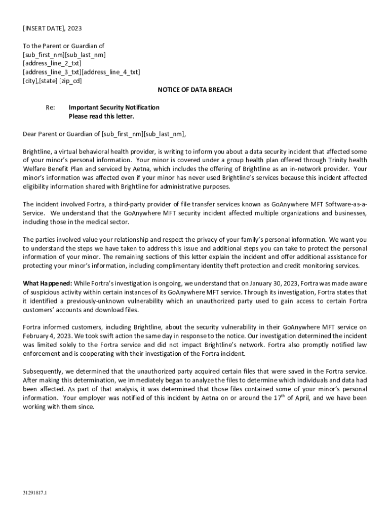 Fillable Online MDE Data Breach Sample Notification Letter Fax Email ...