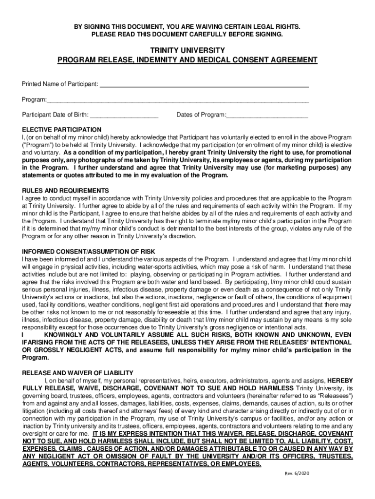 Fillable Online trinity university program release, indemnity and medical ... Fax Email Print ...