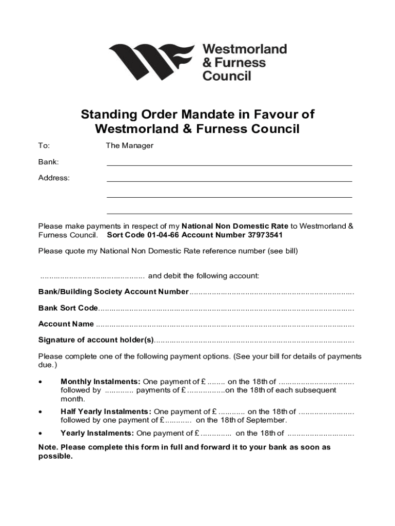 Fillable Online Standing Order Mandate in Favour of Westmorland and ...