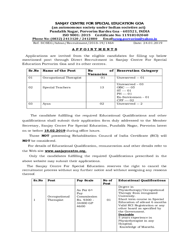 Fillable Online Sanjay Centre For Special Education Goa Ngo In Porvorim ...