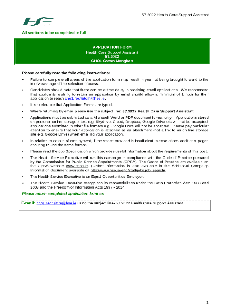 Health Care Support Assistant (erly Home Help) Doc Template | pdfFiller