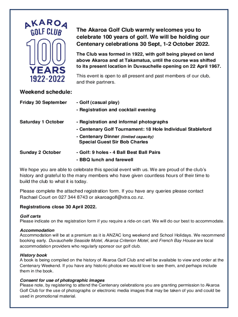 Fillable Online Akaroa Golf Club Centenary Registration Form Fax Email Print - pdfFiller
