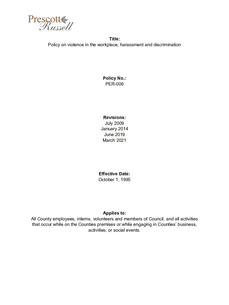 Fillable Online Policy on violence in the workplace, harassment and ...
