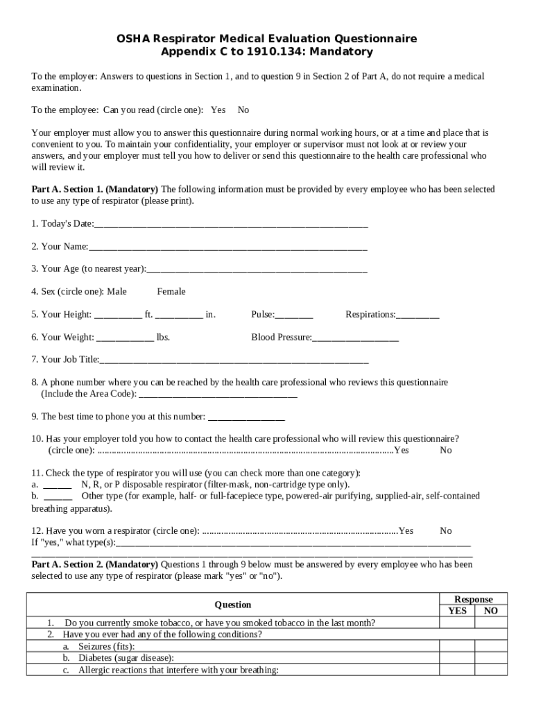 Osha Respiratory Medical Evaluation Questionnaire at Donna Hammonds blog