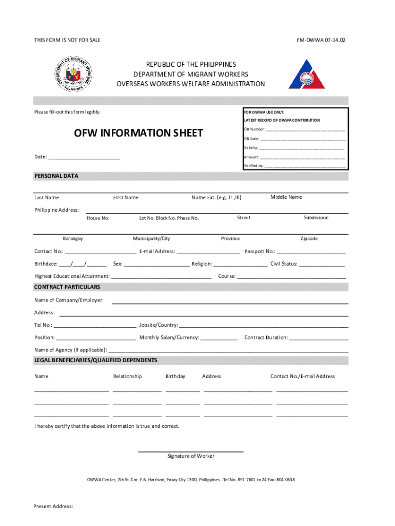 Fillable Online FOR OWWA USE ONLY: Fax Email Print - pdfFiller