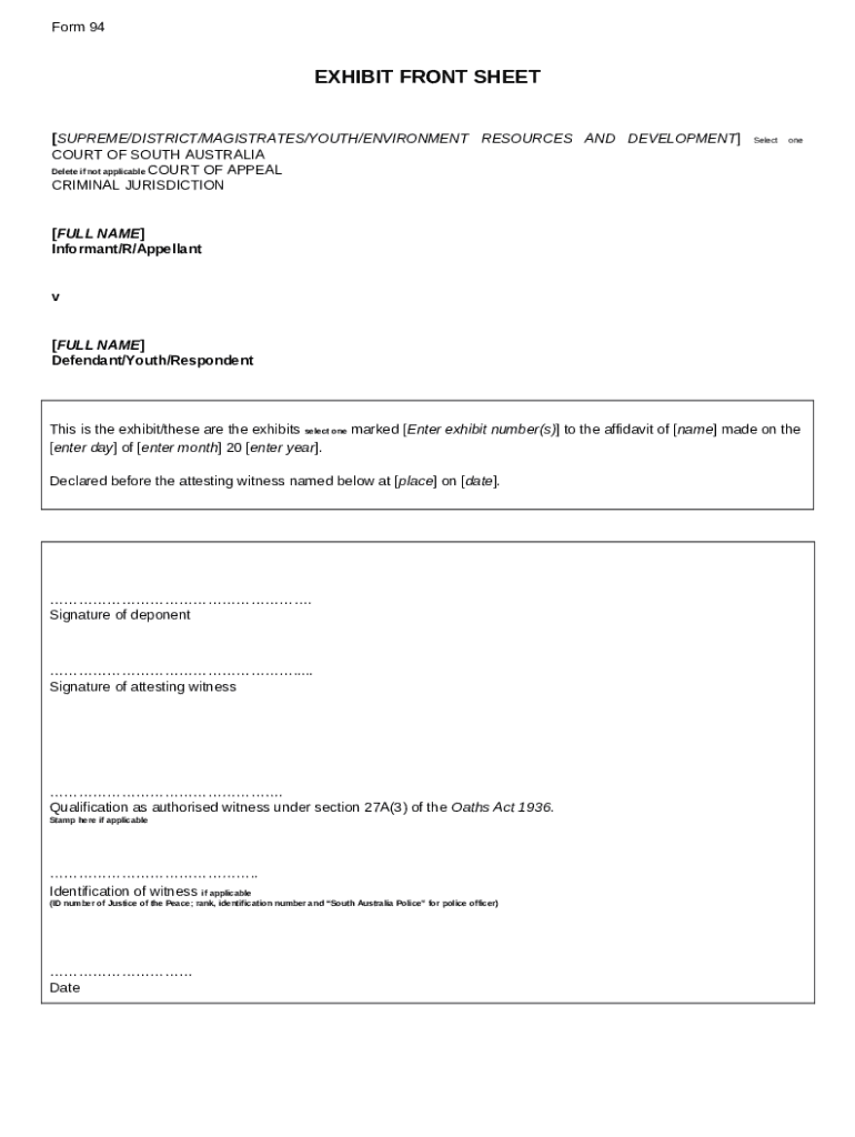 94 Exhibit Front Sheet Doc Template | pdfFiller