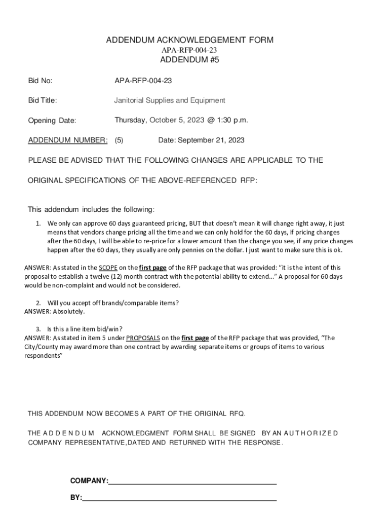 Fillable Online ADDENDUM ACKNOWLEDGEMENT FORM APA-RFP-004-23 ... Fax ...