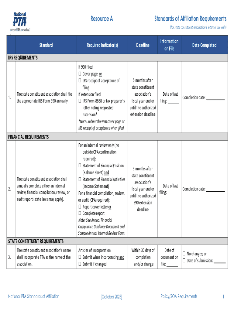 Fillable Online National PTA Standards of Affiliation (SOA) Policy ...