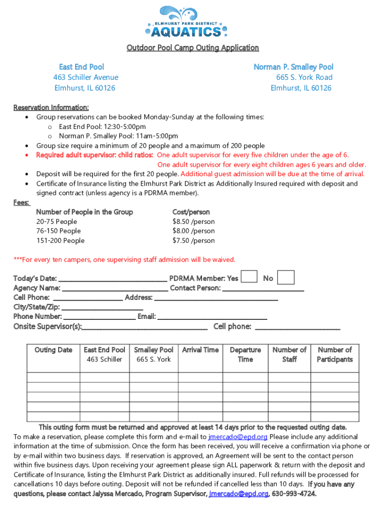 Fillable Online Swim Lessons- East End Pool - Elmhurst Park District ...