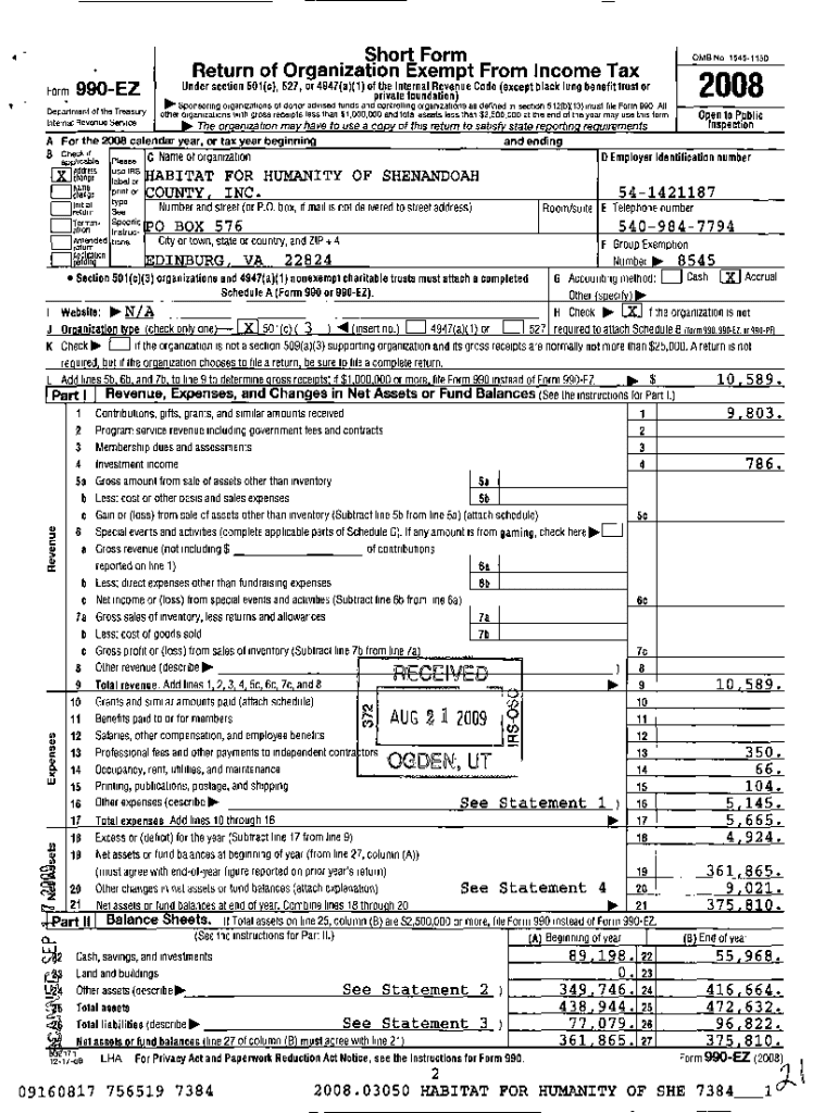 Fillable Online Form 990-EZ 2008 Short Form Return of Organization ...