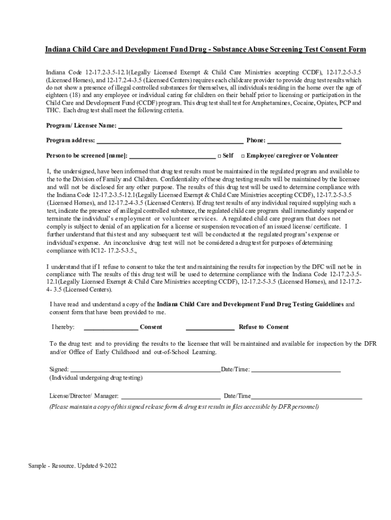 Fillable Online Indiana Child Care and Development Fund Drug- Substance ...