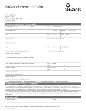 Fillable Online Waiver of Premium Claim. hnl-waiver-of-premium-form Fax ...