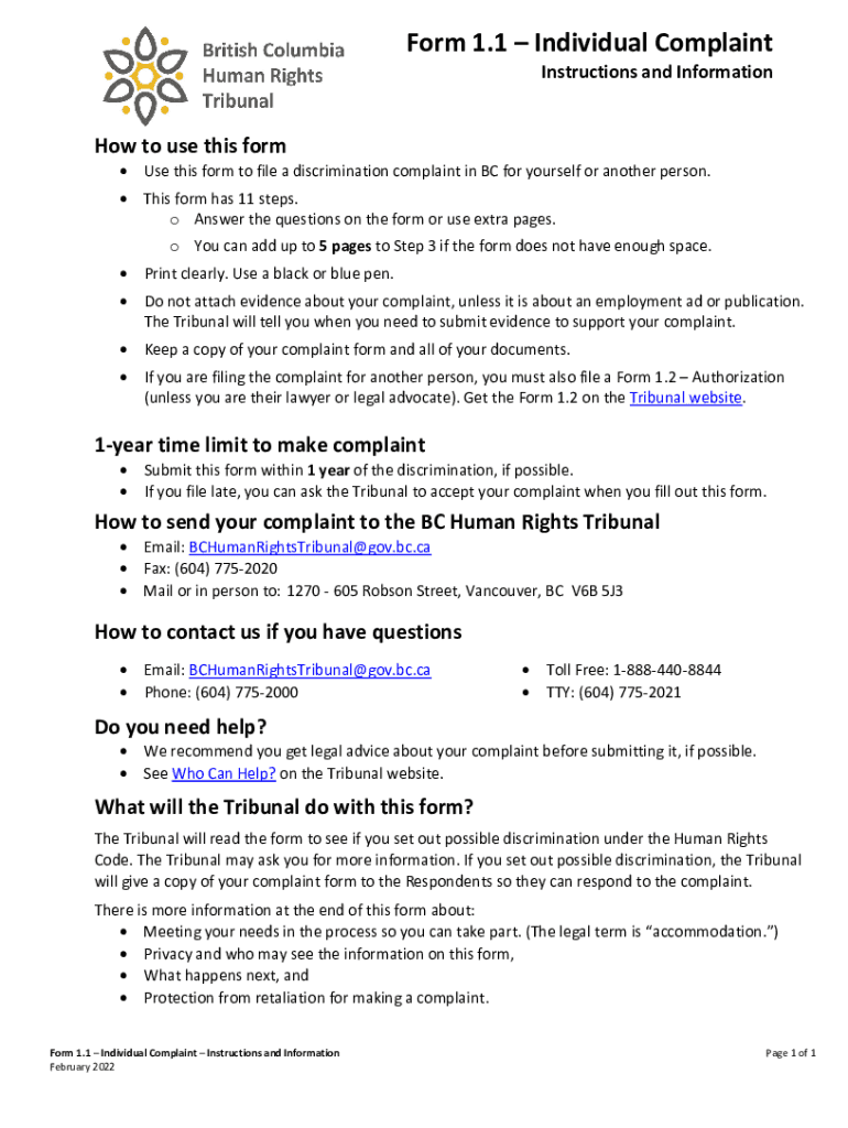 2022-2025 Canada BC Human Rights Tribunal Complaint Form Fill Online ...
