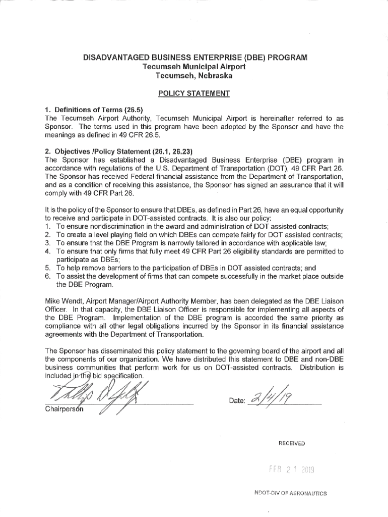 Fillable Online DBE Program Policy Statement Section 26.1, 26.23 Objectives ... Fax Email Print ...