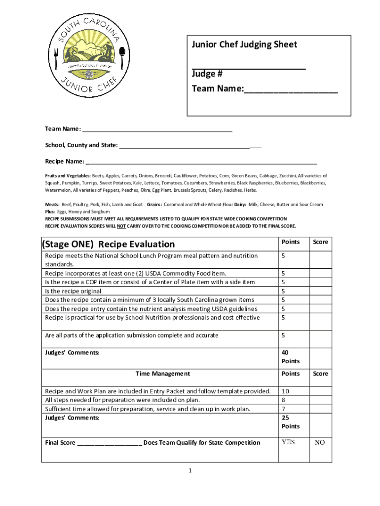 Fillable Online ed sc Judging Sheet Junior Cooking Competition ...
