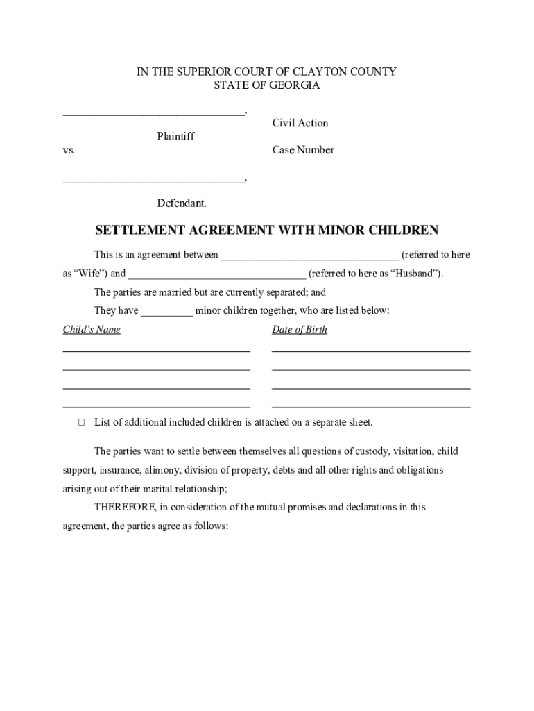 Fillable Online SETTLEMENT AGREEMENT WITHOUT MINOR ... - Clayton County ...