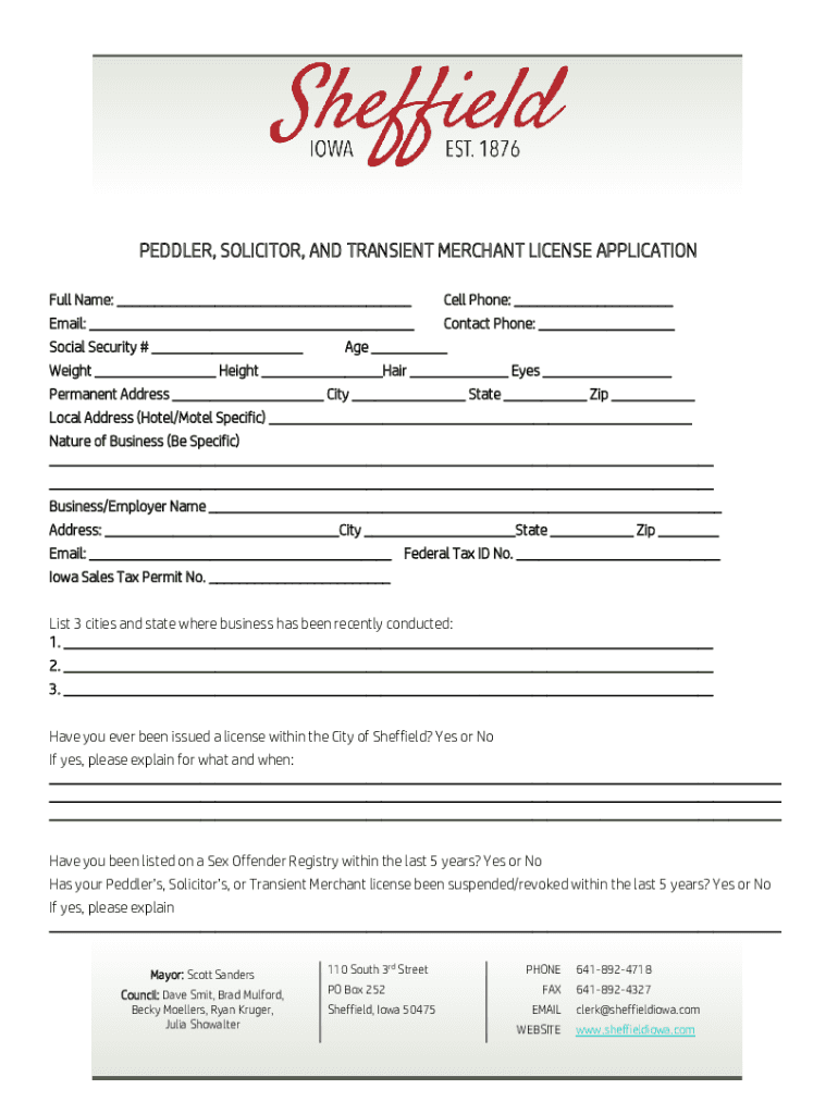 Fillable Online Application for Peddler or Transient Merchant License ...