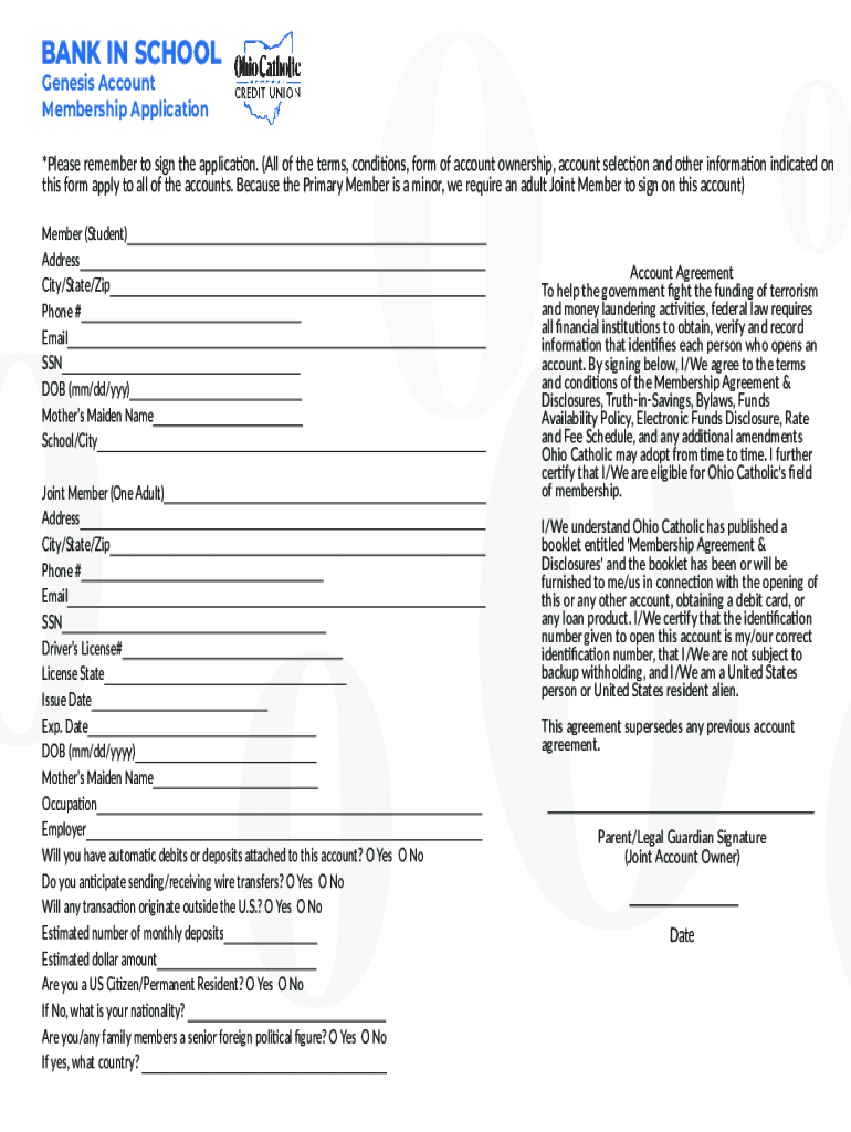 Fillable Online Bank in School Genesis membership application one page ...