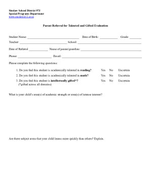Fillable Online Parent TAG Referral form Fax Email Print - pdfFiller