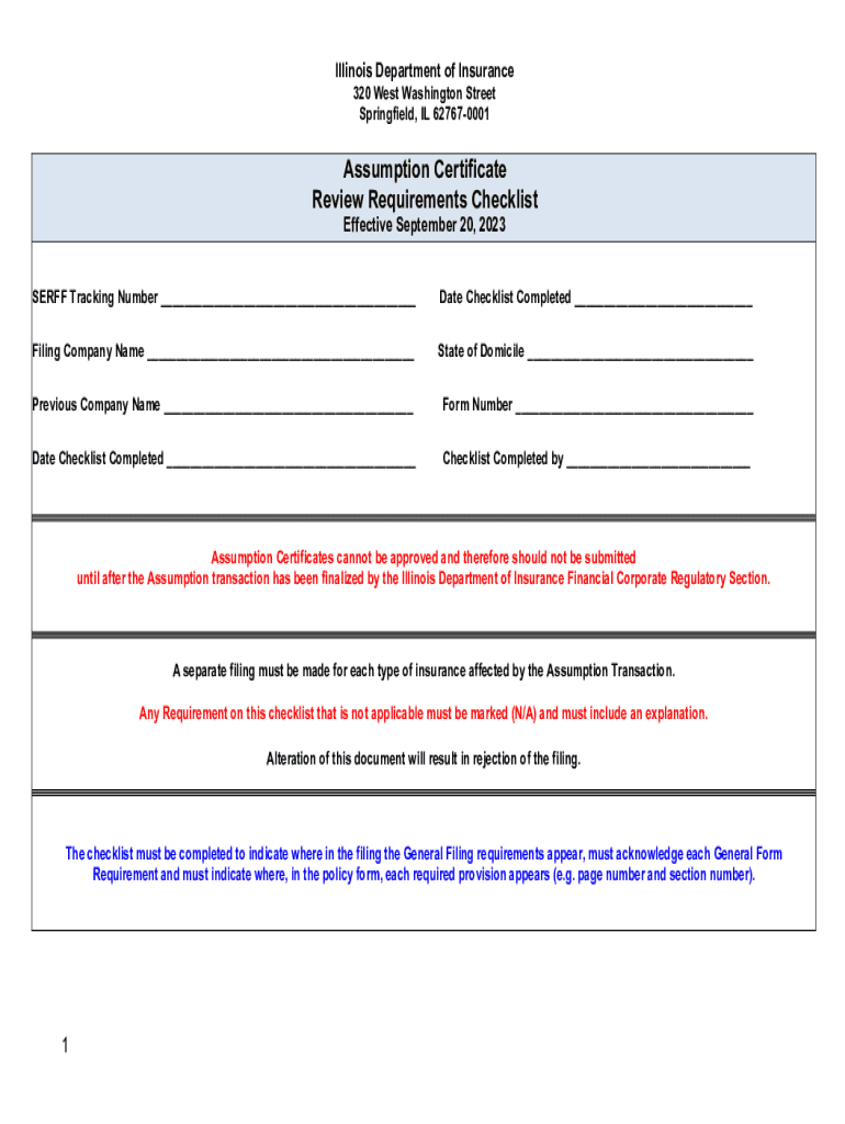 Fillable Online Assumption Certificate Review Requirements Checklist ...