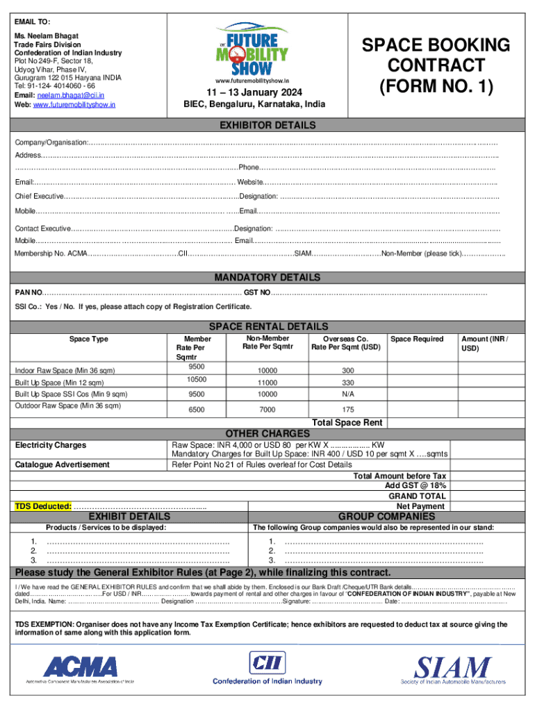 Fillable Online SPACE BOOKING CONTRACT (FORM NO. 1) DOMESTIC ... Fax Email Print - pdfFiller