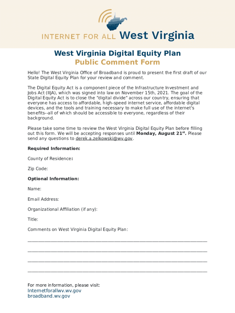 West Virginia Digital Equity Plan Public Comment Doc Template | pdfFiller