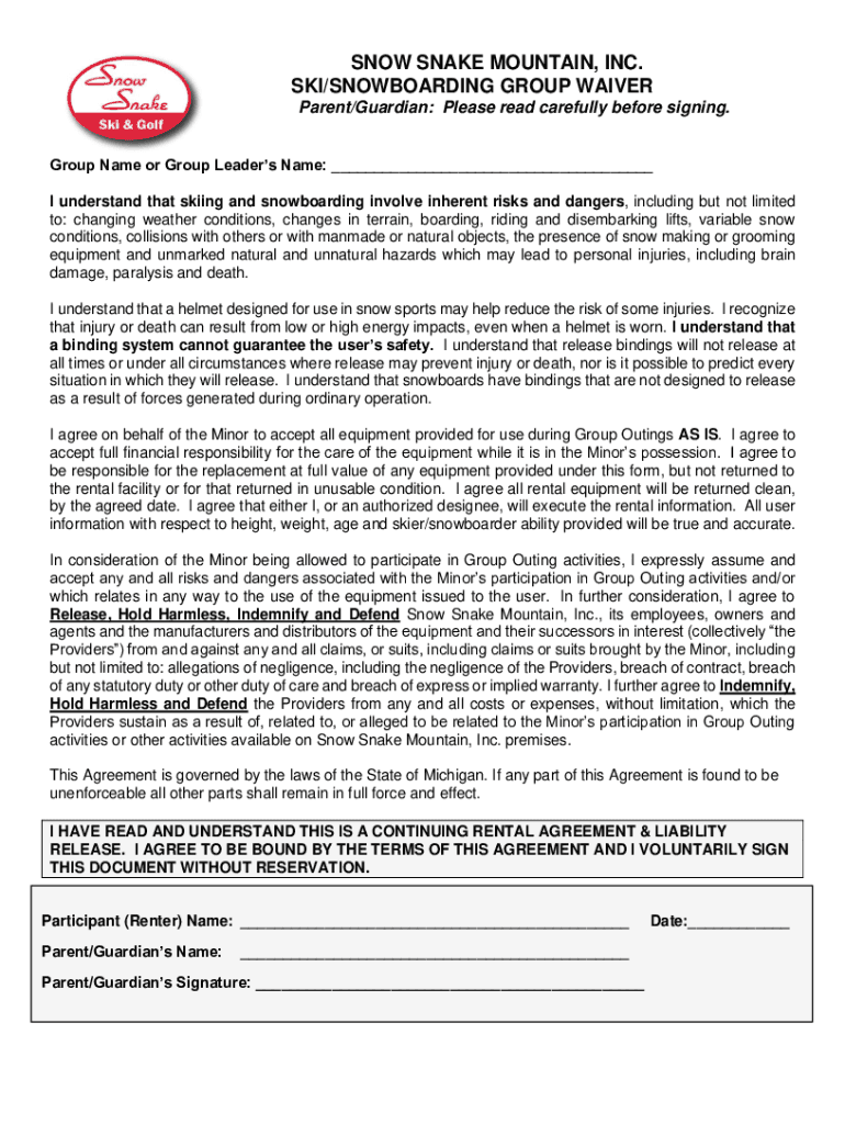 Fillable Online SNOW SNAKE MOUNTAIN, INC. SKI/SNOWBOARDING ... Fax ...