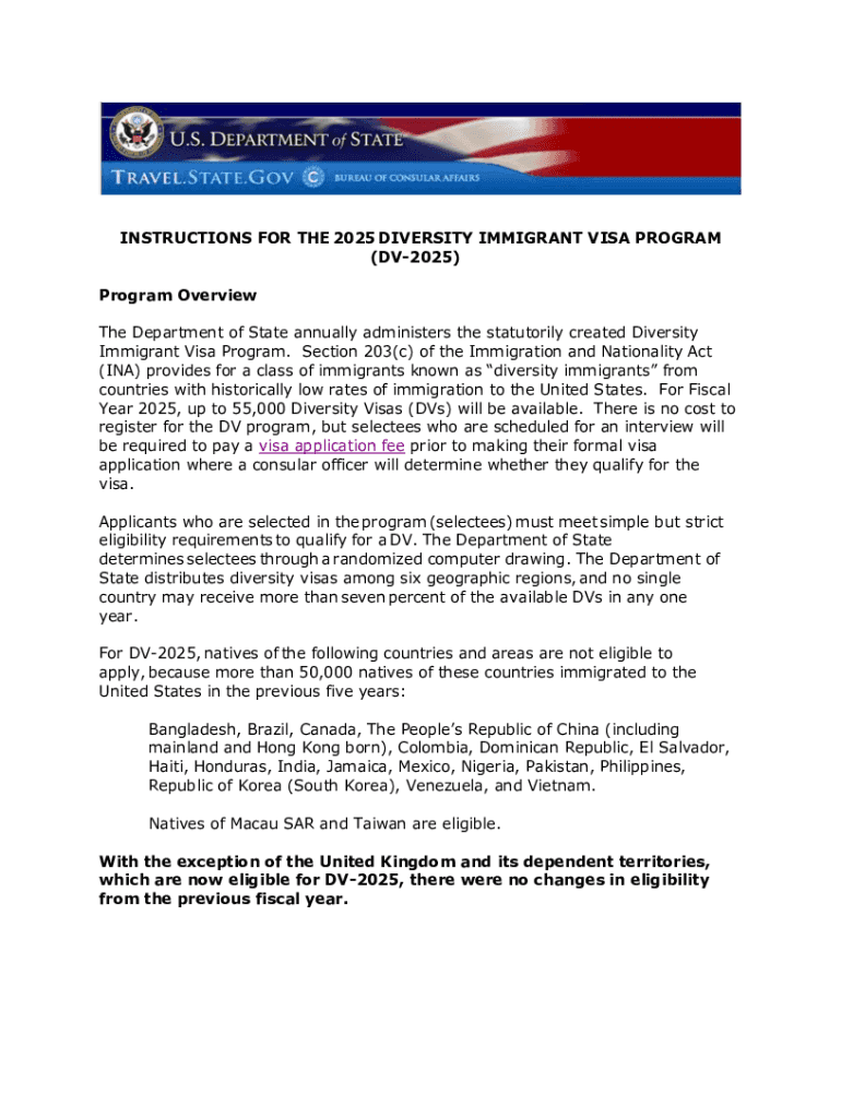 Fillable Online travel state Diversity Visa Instructions - Travel - Department of State Fax ...