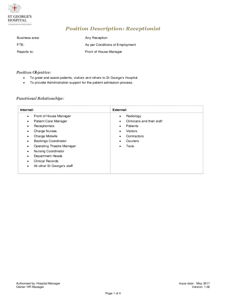Fillable Online Hospital Reception Job Description (With Skills And ...