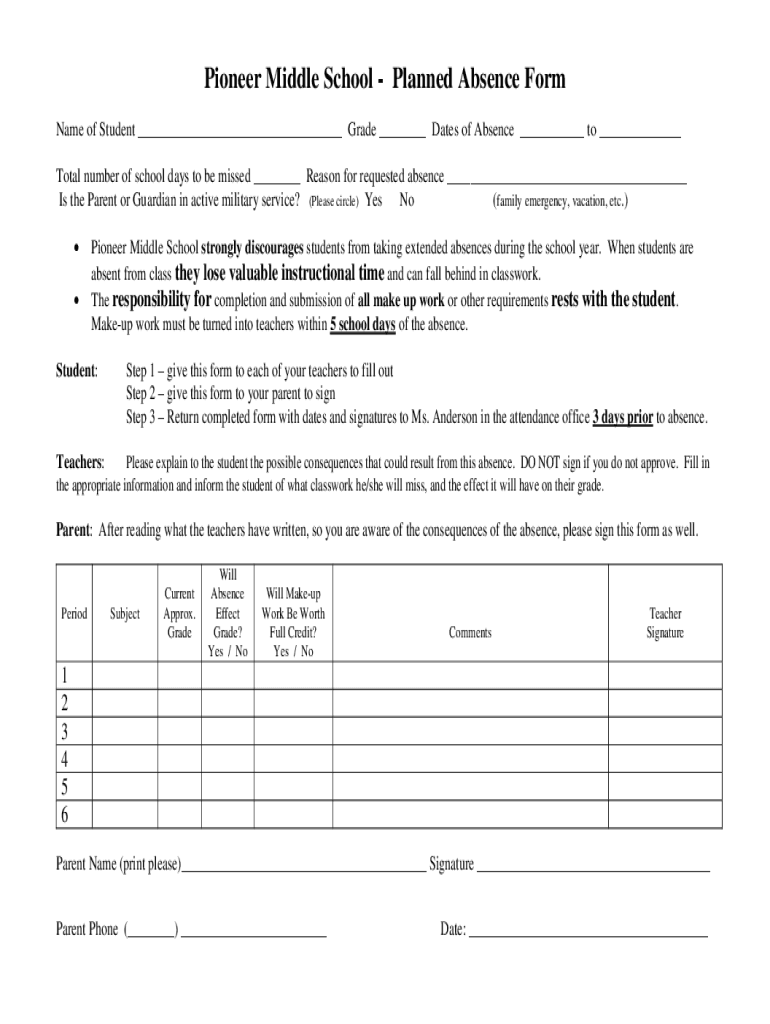 Fillable Online Pioneer Middle School - Planned Absence Form Fax Email ...