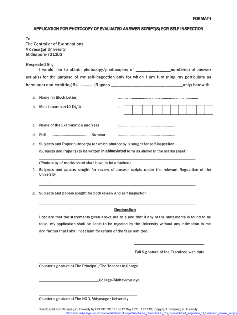 Fillable Online SELF- INSPECTION OF EVALUATED ANSWER SCRIPT(S) Fax ...