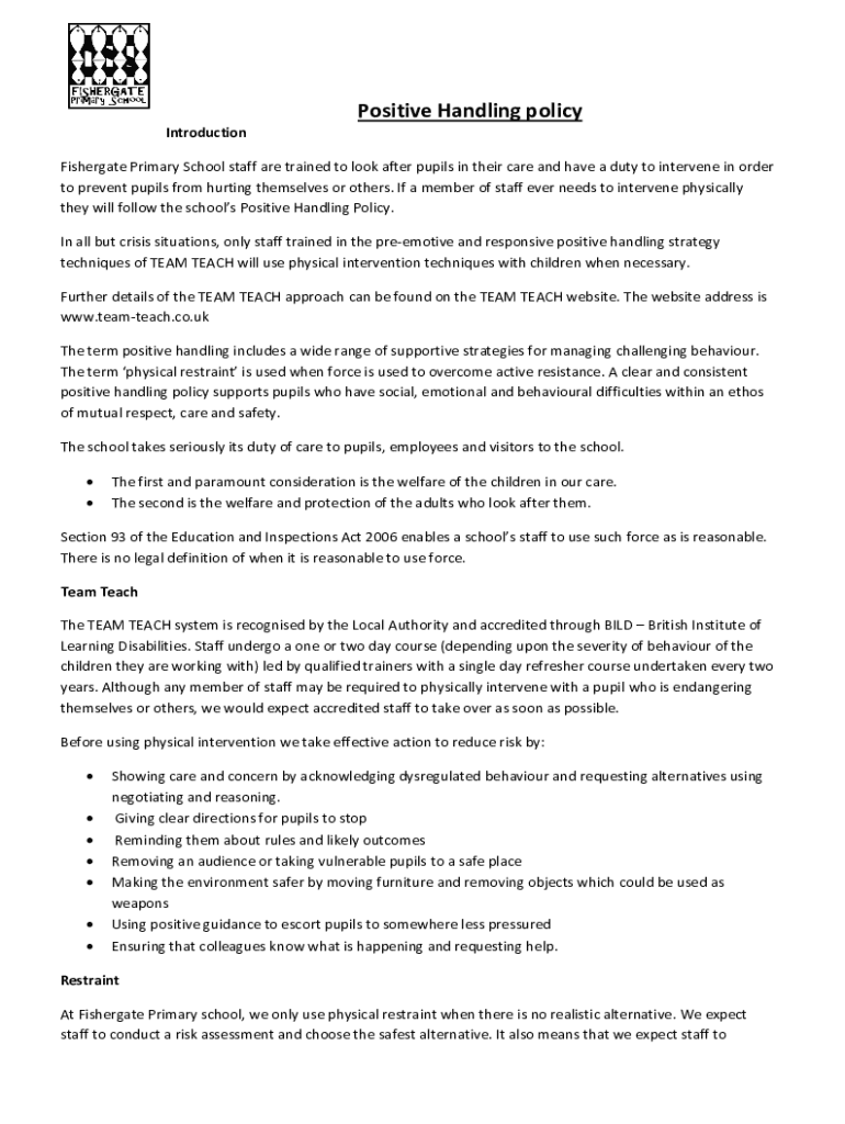 Fillable Online Positive Handling Strategies for Pupils in Schools and ...