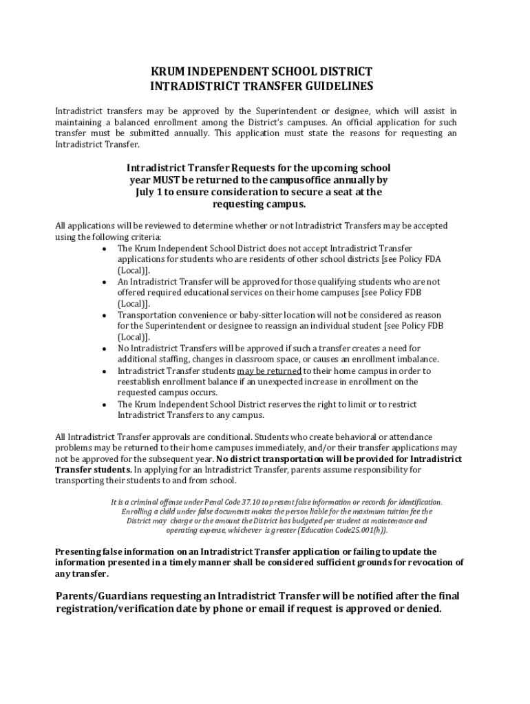 Fillable Online Summary of Intradistrict Transfer Guidelines Fax Email Print - pdfFiller
