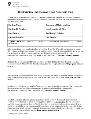 Readmission Questionnaire and Academic Plan Doc Template | pdfFiller