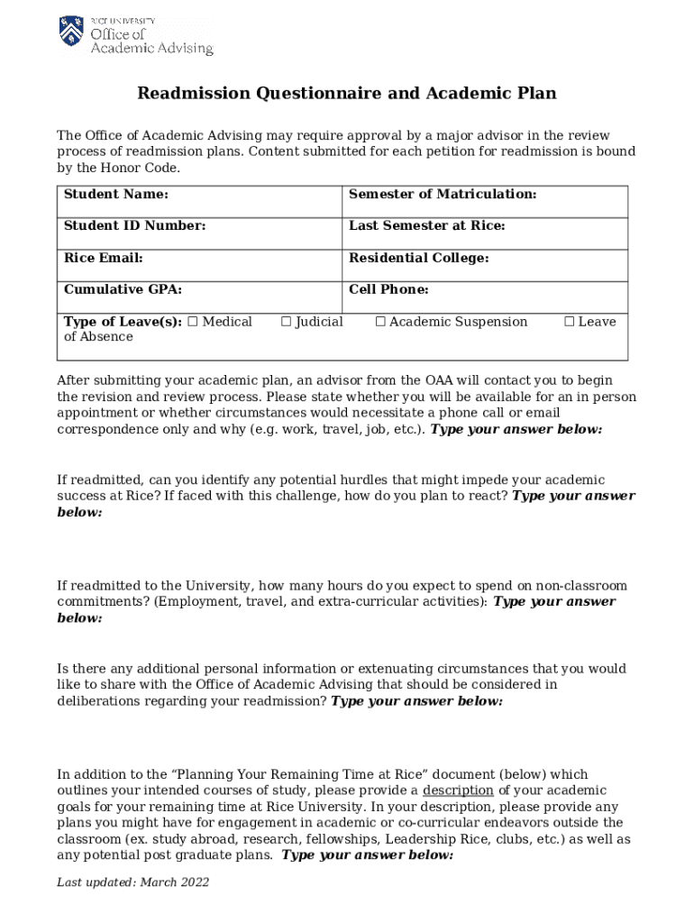 Readmission Questionnaire and Academic Plan Doc Template | pdfFiller